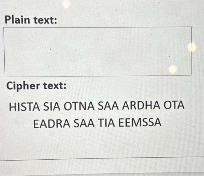 Plain text: Cipher text: HISTA SIA OTNA SAA ARDHA OTA | Chegg.com