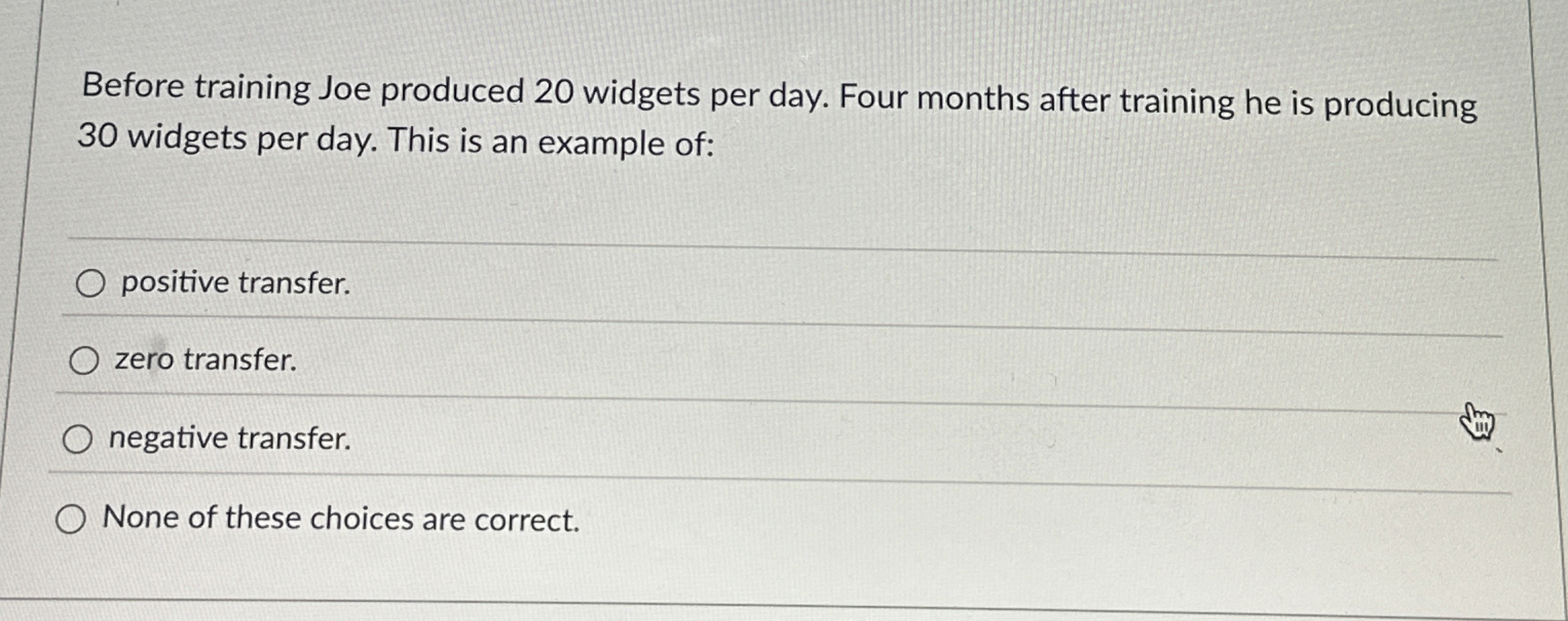 Solved Before training Joe produced 20 ﻿widgets per day. | Chegg.com