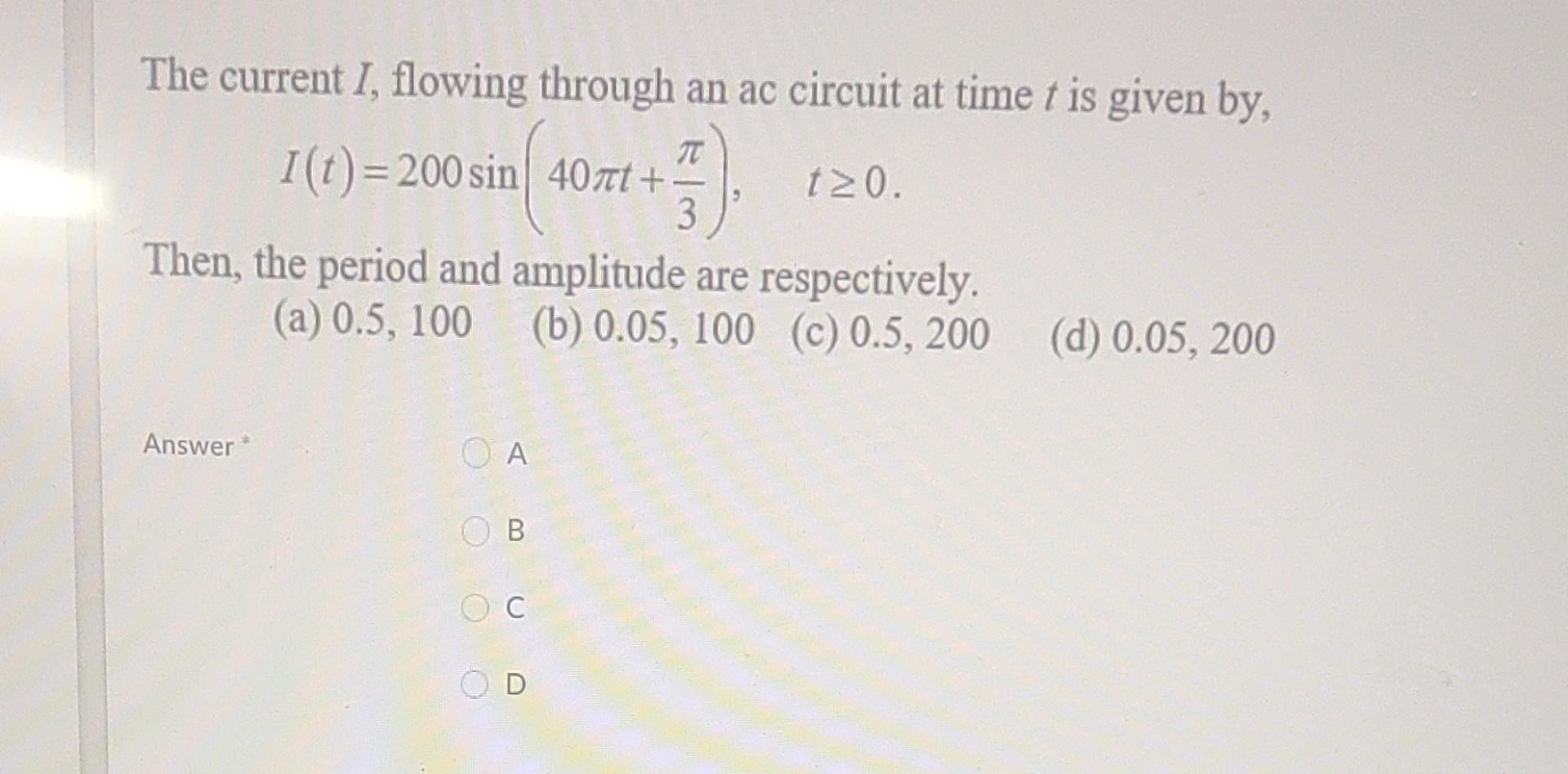 Solved The current I, flowing through an ac circuit at time | Chegg.com
