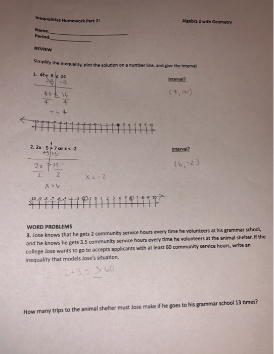 Solved Inequalities Homework Part 21 Algebra 2 with Geometry | Chegg.com