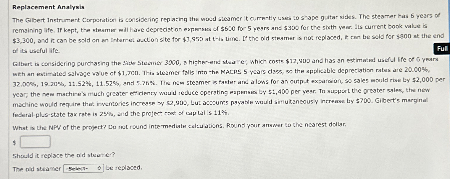 Solved Replacement AnalysisThe Gilbert Instrument | Chegg.com