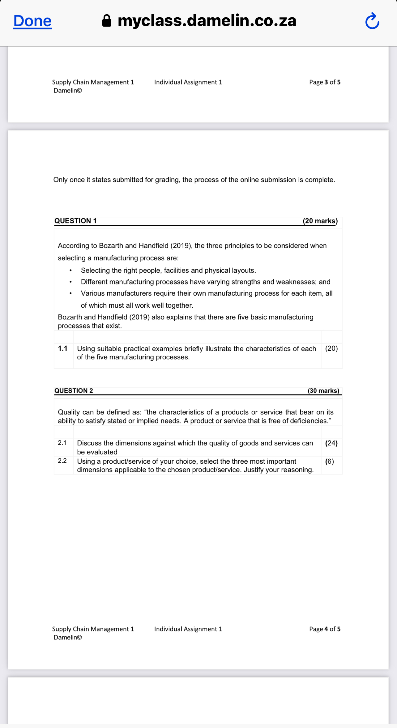 Solved Donea myclass.damelin.co.zaSupply Chain Management | Chegg.com