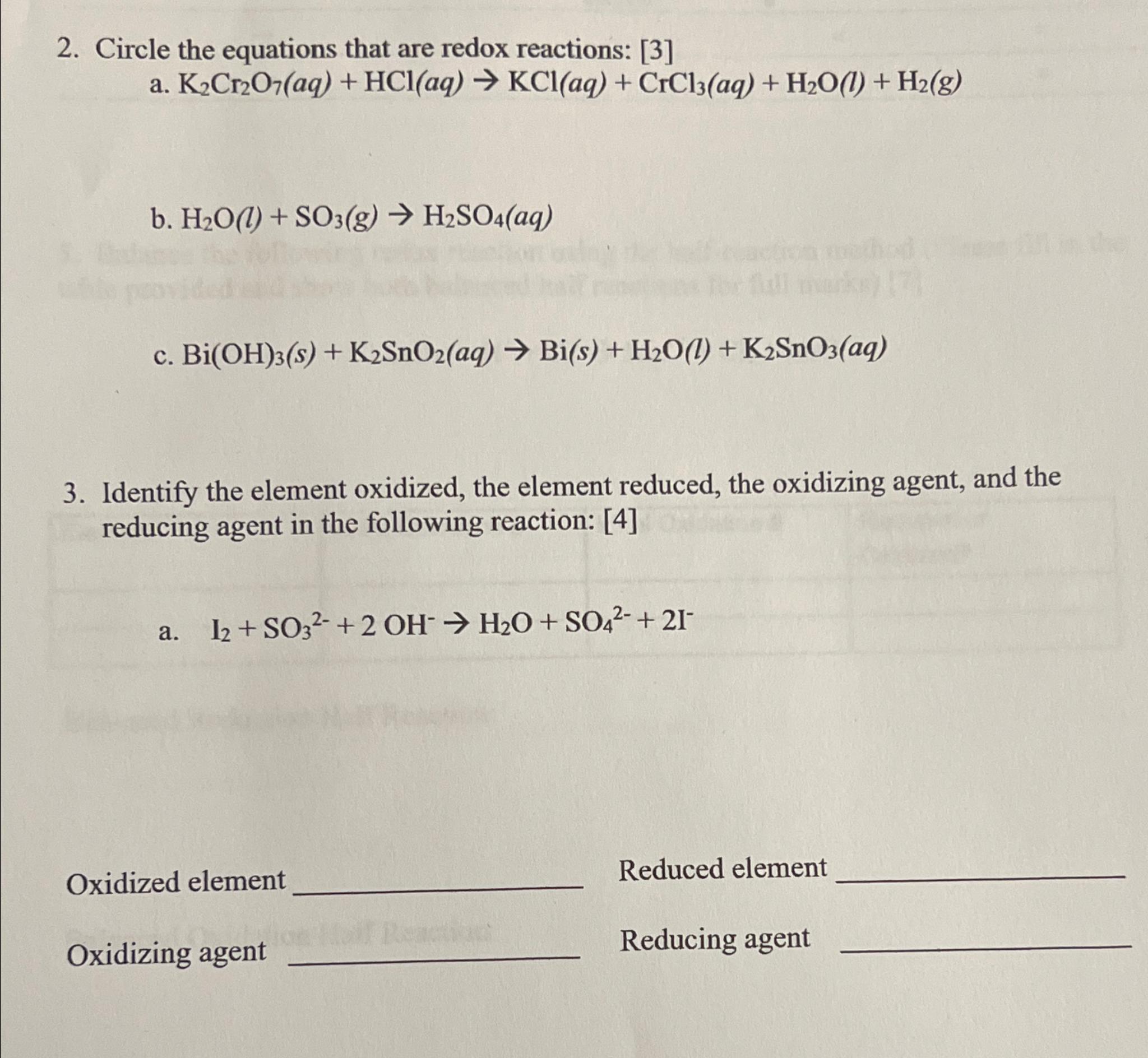 Solved Circle the equations that are redox reactions: | Chegg.com