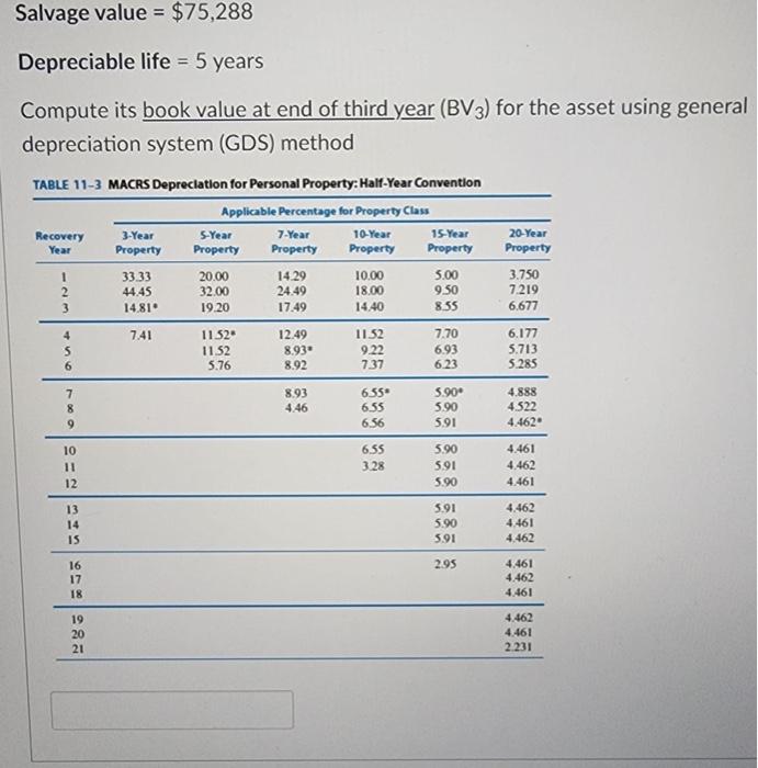 Salvage value =$75,288 Depreciable life =5 years | Chegg.com