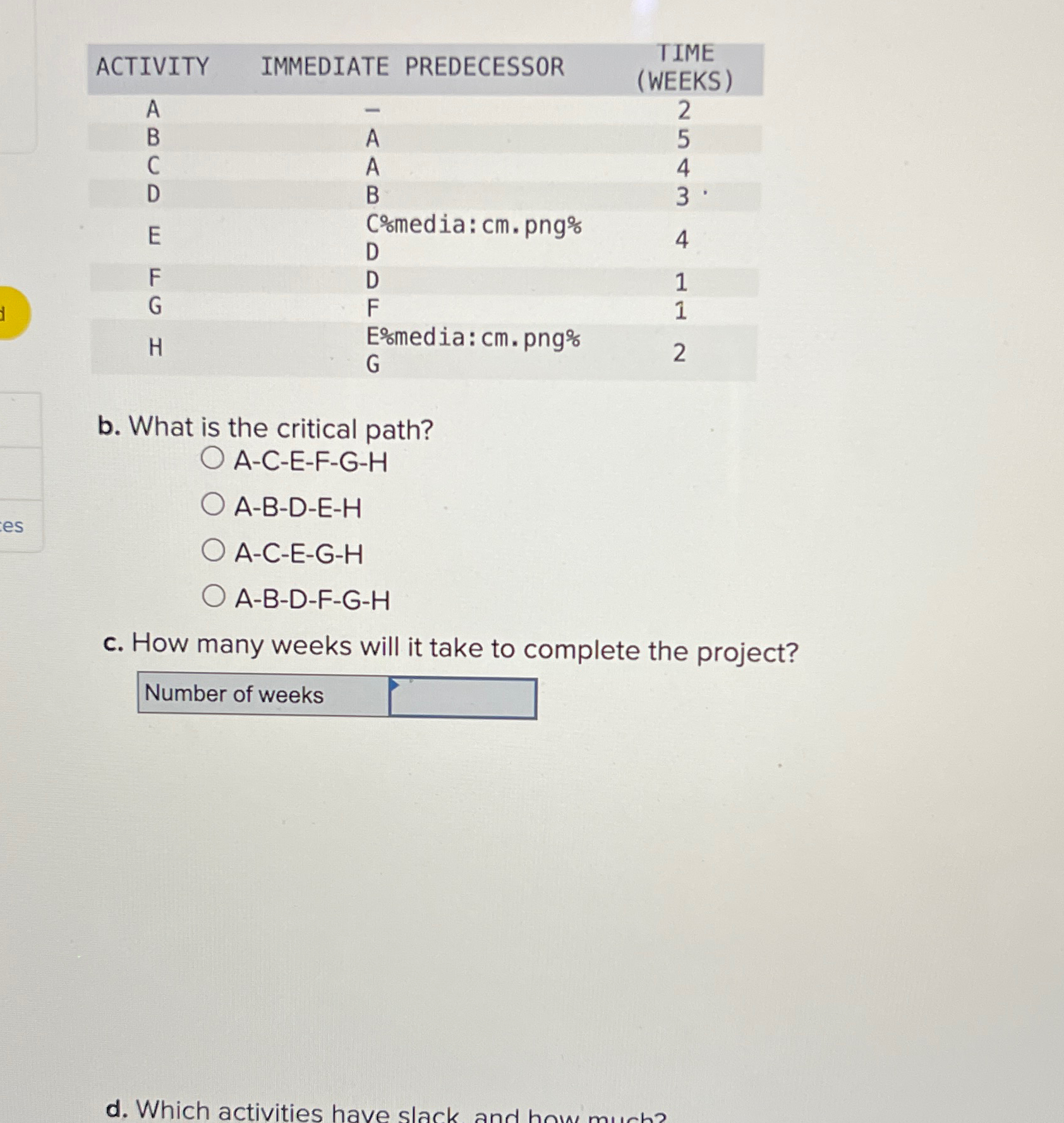 Solved \table[[ACTIVITY,IMMEDIATE | Chegg.com