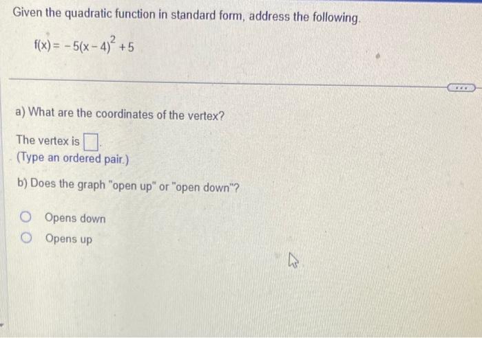 Solved Given the quadratic function in standard form, | Chegg.com