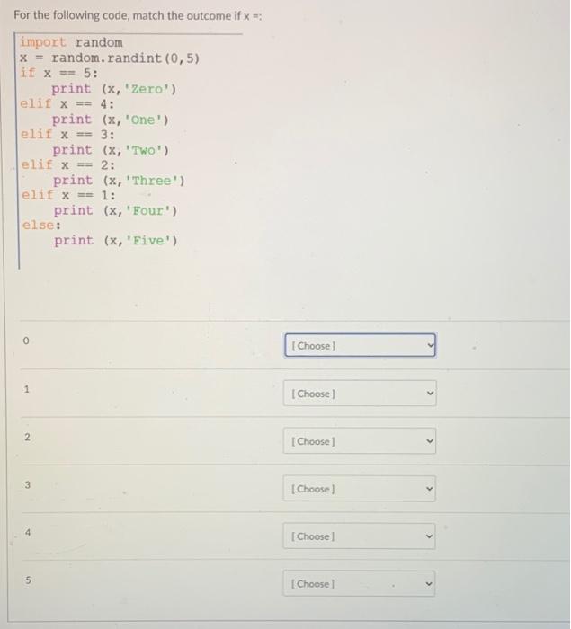 Solved For the following code, match the outcome if x= | Chegg.com