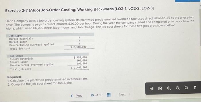 Solved Exercise 2-7 (Algo) Job-Order Costing; Working | Chegg.com
