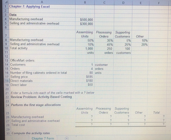 Solved B D E F А 1 Chapter 7: Applying Excel 2 3 Data 4 | Chegg.com