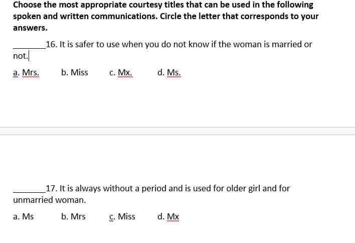 Choose the most appropriate courtesy titles that can | Chegg.com