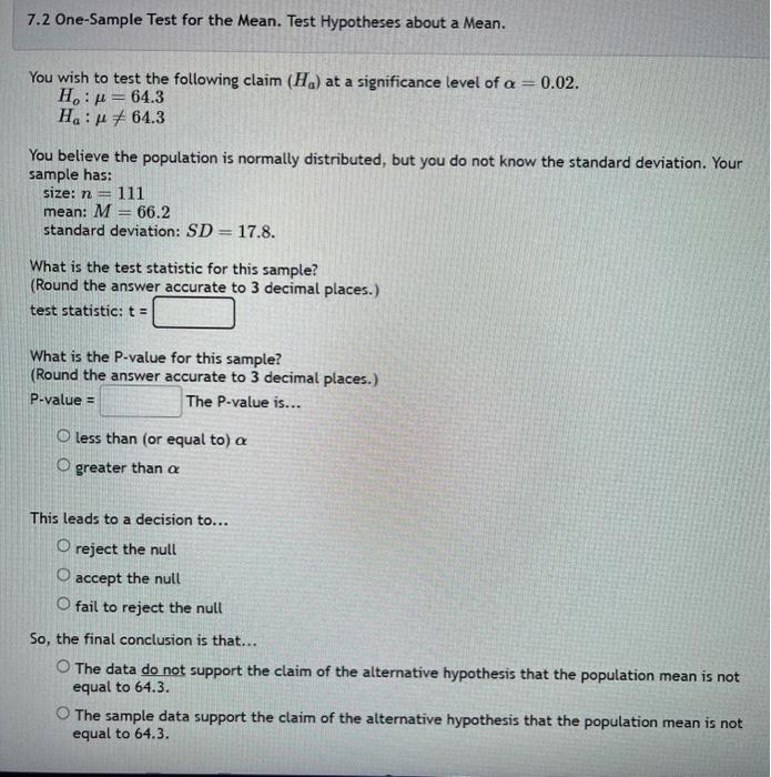 Solved 7.2 One-Sample Test for the Mean. Test Hypotheses | Chegg.com