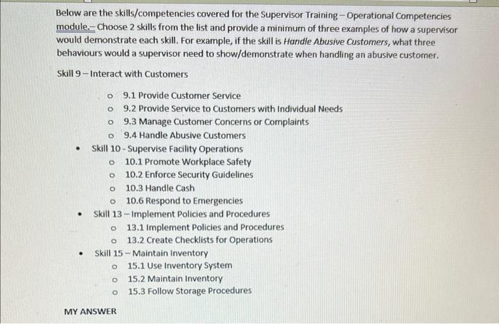 Below are the skills/competencies covered for the | Chegg.com