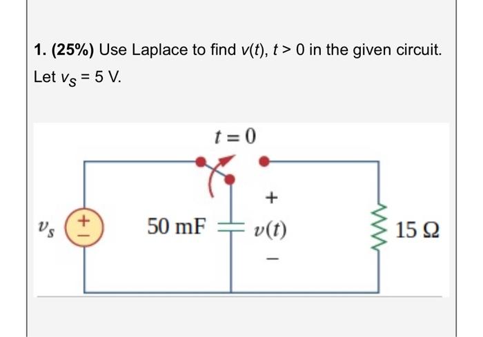 Solved 1. (25%) Use Laplace to find v(t),t>0 in the given | Chegg.com