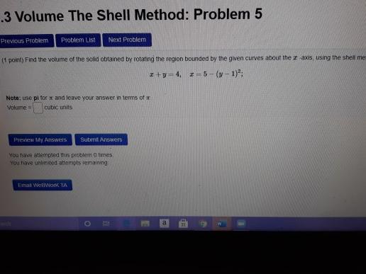 Solved .3 Volume The Shell Method: Problem 5 Previous | Chegg.com