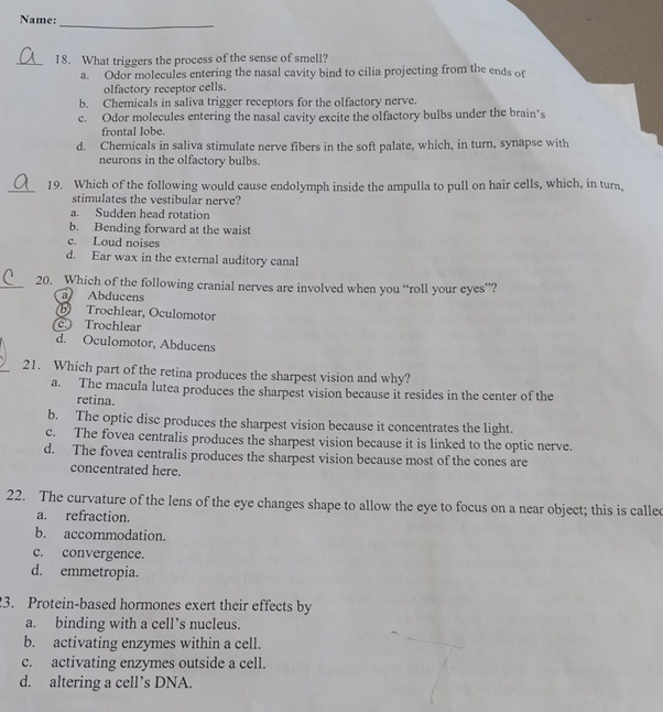 Solved Name:A 18. ﻿What triggers the process of the sense of | Chegg.com