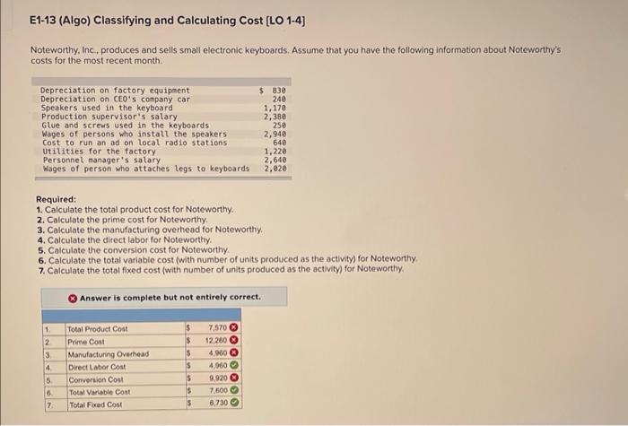 Solved E1-13 (Algo) Classifying and Calculating Cost [LO | Chegg.com