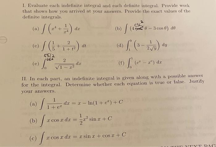 Solved I. Evaluate each indefinite integral and each | Chegg.com