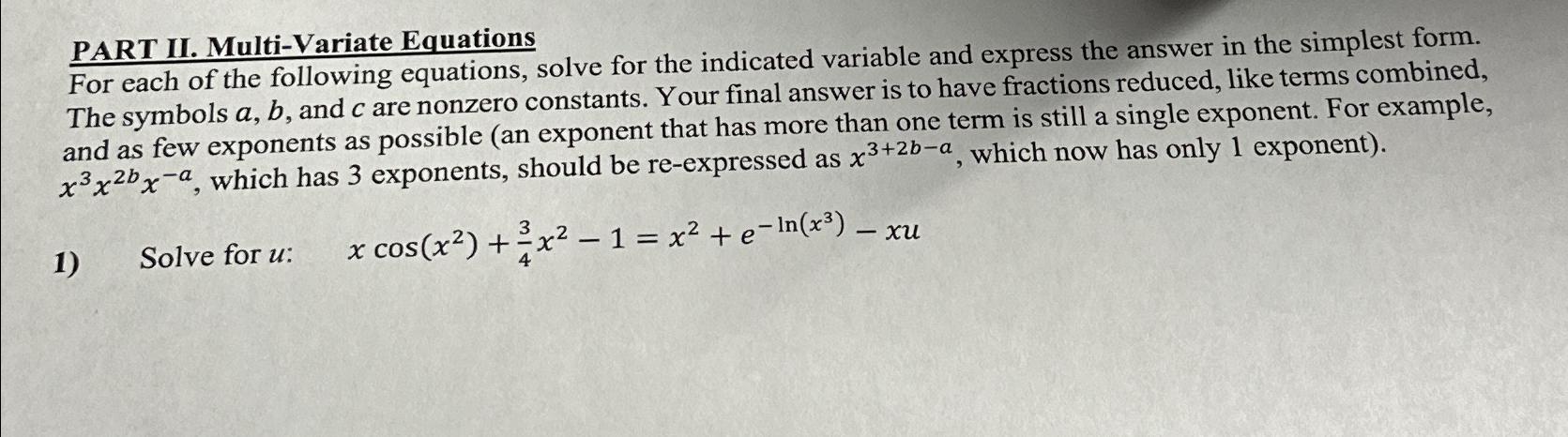 Solved PART II. ﻿Multi-Variate EquationsFor each of the | Chegg.com