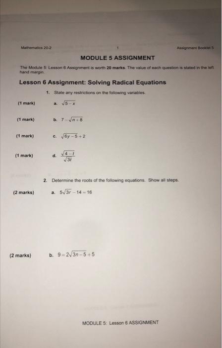 Solved Mathematics 20-2 Assignment Booklet 5 MODULE 5 | Chegg.com Solved Mathematics 20-2 Assignment Booklet 5 MODULE 5 | Chegg.com