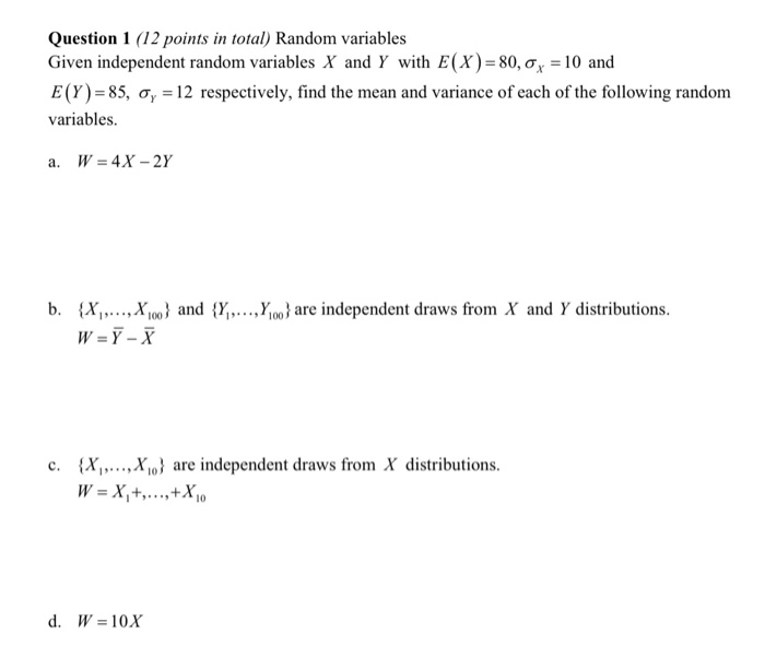 Solved Question 1 (12 points in total) Random variables | Chegg.com
