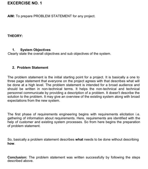 Solved EXCERCISE NO. 1 AIM: To prepare PROBLEM STATEMENT for | Chegg.com