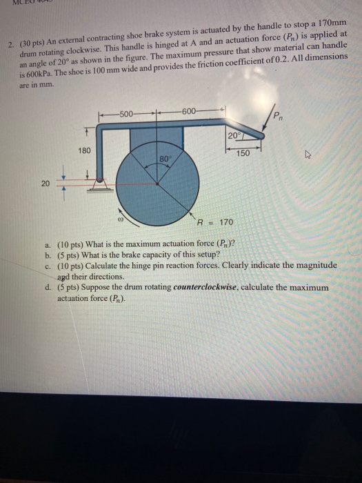 Solved 2. (30 pts) An external contracting shoe brake system | Chegg.com