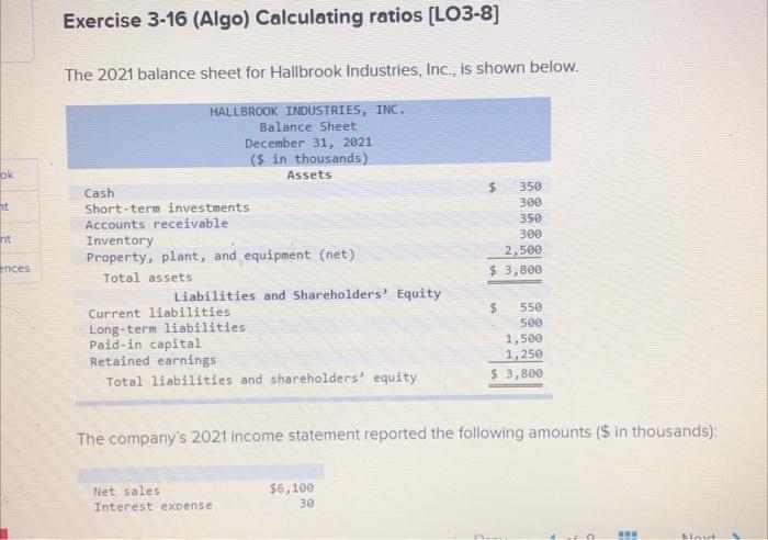 Solved Exercise 3-16 (Algo) Calculating ratios [LO3-8] ok ht | Chegg.com