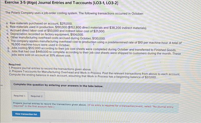 Solved Exercise 3-5 (Algo) Journal Entries and T-accounts | Chegg.com