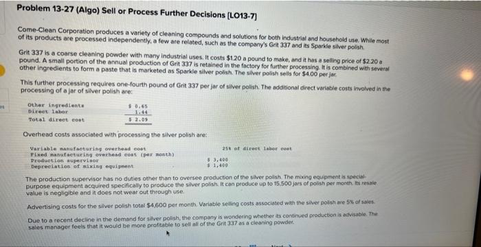 Solved Problem 13-27 (Algo) Sell or Process Further | Chegg.com