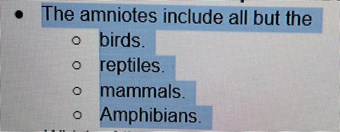 Solved The amniotes include all but the - birds. - reptiles. | Chegg.com