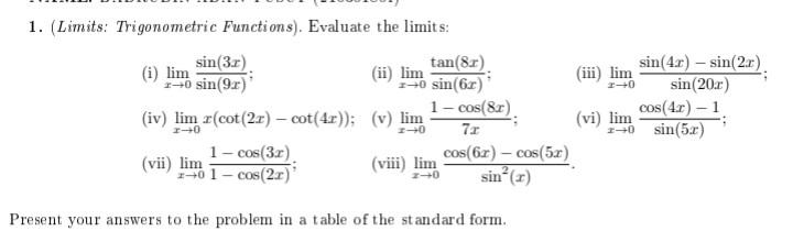 Solved 1. (Limits: Trigonometric Functions). Evaluate the | Chegg.com
