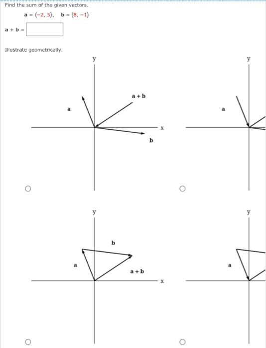 Solved Find the sum of the given vectors. a=(−2,5),b= 8,−1) | Chegg.com