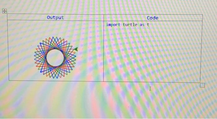 Solved Output Code import turtle as t | Chegg.com