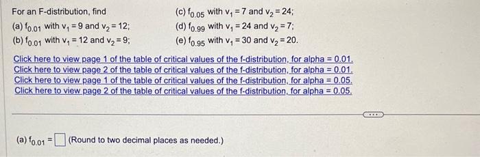 Solved For an F-distribution, find (c) f0.05 with v1=7 and | Chegg.com