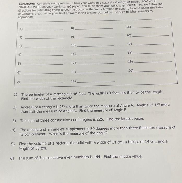 Solved Directions. Complete each problem. Show your work on | Chegg.com