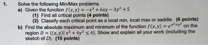 Solved 1. Solve the following Min/Max problems. a) Given the | Chegg.com