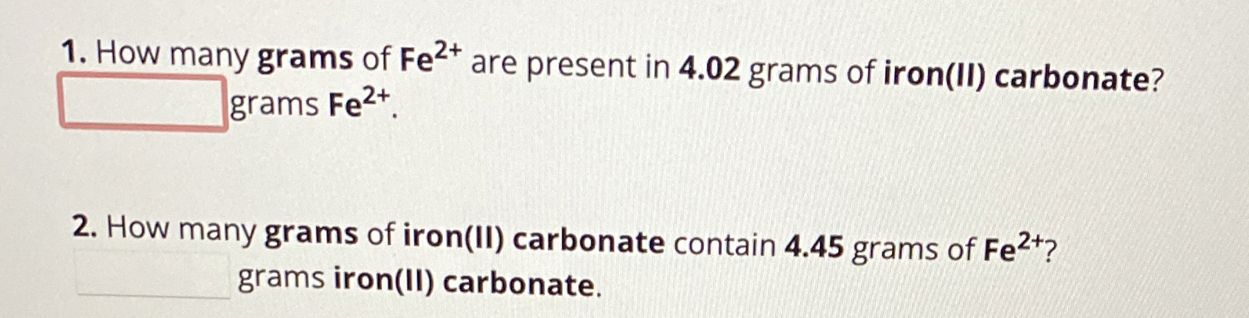 Solved How many grams of Fe2+ ﻿are present in 4.02 ﻿grams of | Chegg.com