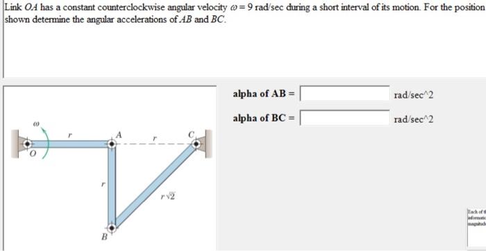 Solved Link OA has a constant counterclockwise angular | Chegg.com