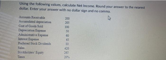 Solved Using the following values, calculate Net Income. | Chegg.com