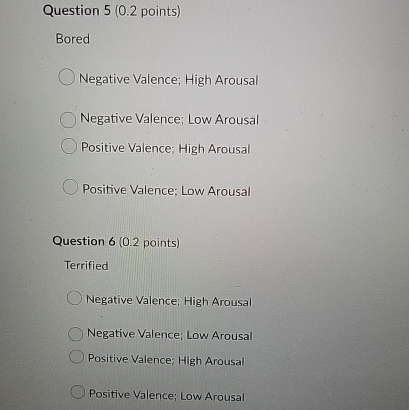 Solved Question 5 ( 0.2 ﻿points)BoredNegative Valence; High | Chegg.com