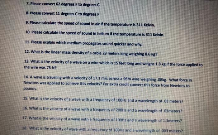 Solved 7. Please convert 62 degrees F to degrees C 8. Please | Chegg.com