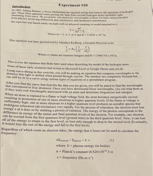 Latroduction Experiment #10 In 1885, Johann Balmer, a | Chegg.com