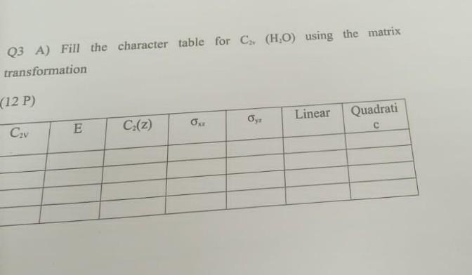 Solved Q3 A) Fill the character table for Cs (HO) using the | Chegg.com