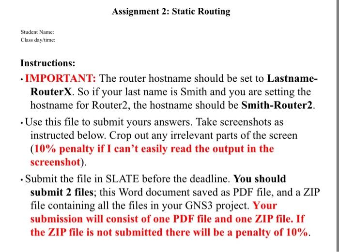 Solved Assignment 2: Static Routing Student Name: Class | Chegg.com