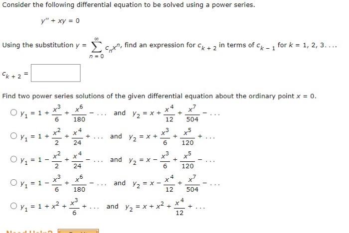 Solved y′′+xy=0 ck+2= Find two power series solutions of the | Chegg.com