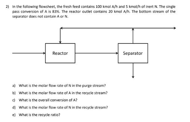 Solved 2) In the following flowsheet, the fresh feed | Chegg.com