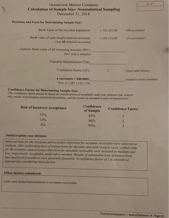 Solved Oceanview Marine Company Calculation Of Sample Size Chegg