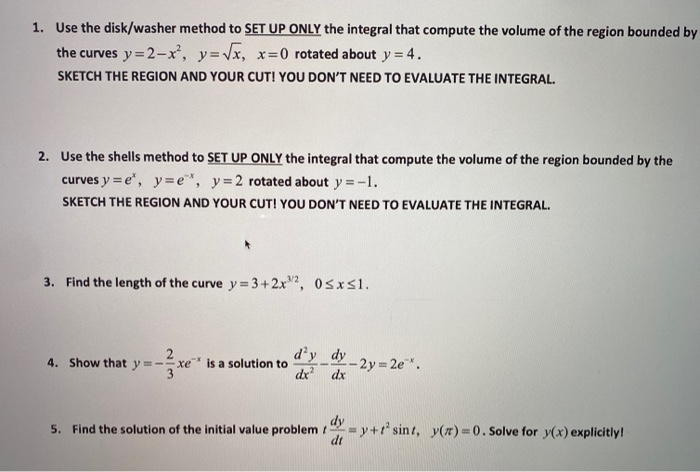 Solved 1. Use the disk/washer method to SET UP ONLY the | Chegg.com