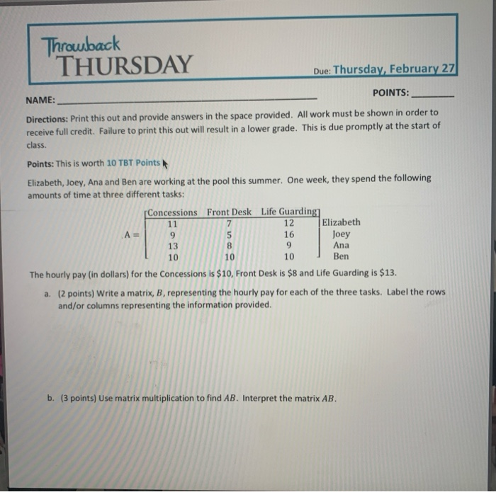 Solved Throwback THURSDAY Due: Thursday, February 27 NAME: | Chegg.com