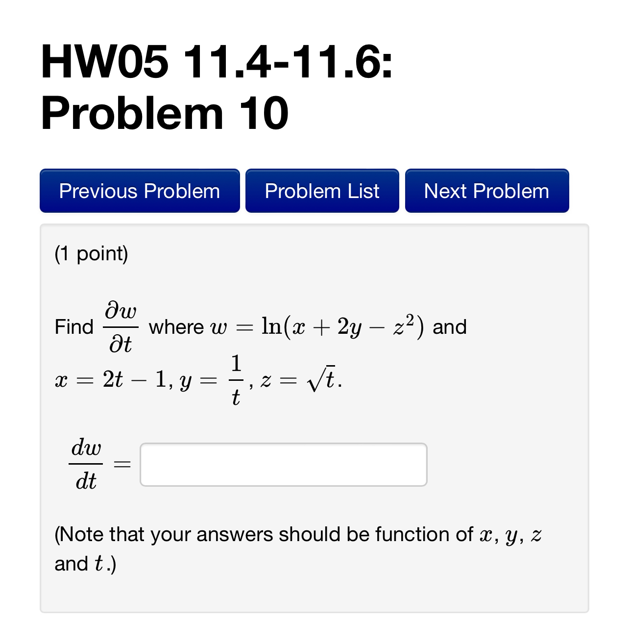 Solved HW05 11.4-11.6: Problem 10(1 ﻿point)Find delwdelt | Chegg.com